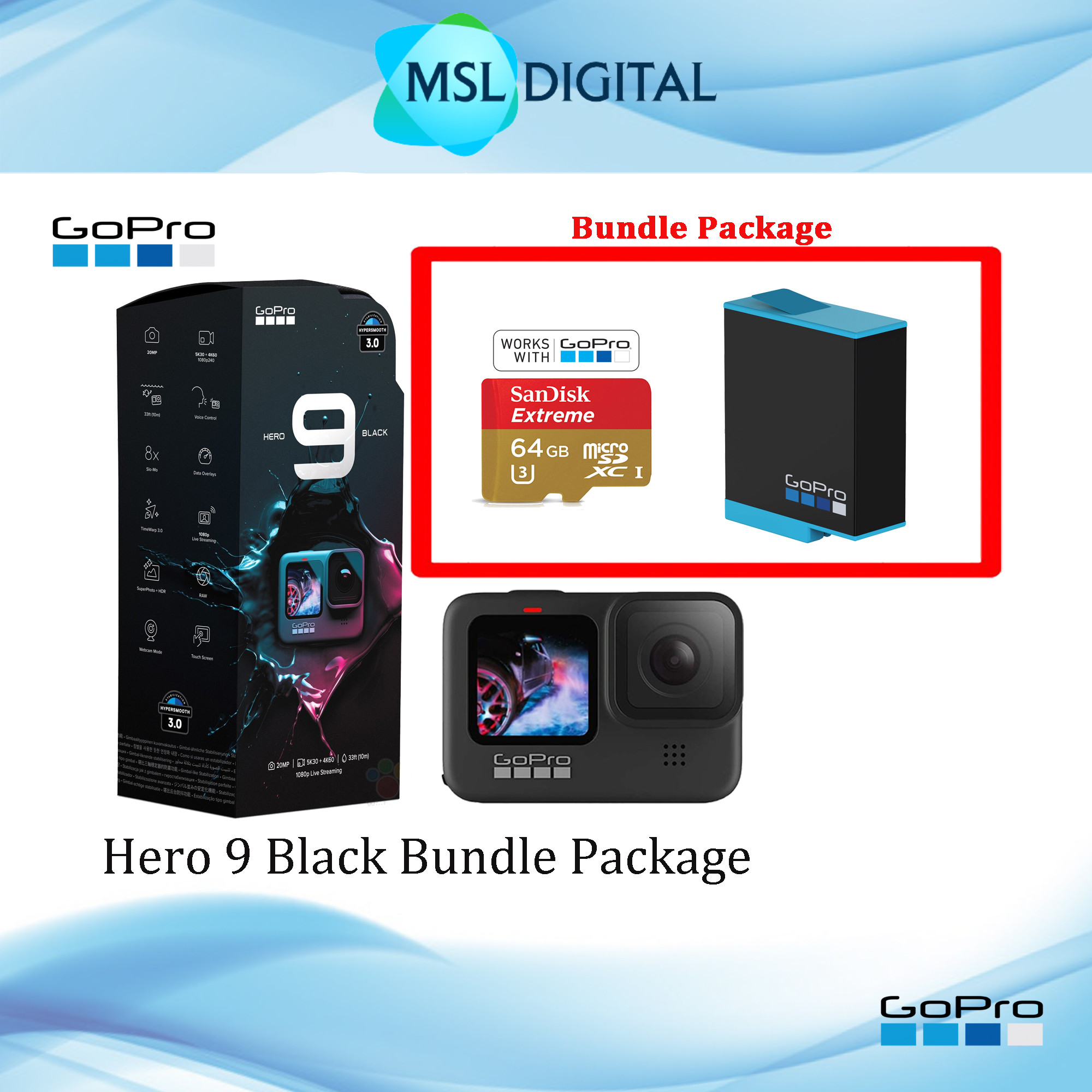 GOPRO HERO9 / HERO 9 BLACK + 1 EXTRA ADBAT-001 BATTERY + 64GB CARD ...