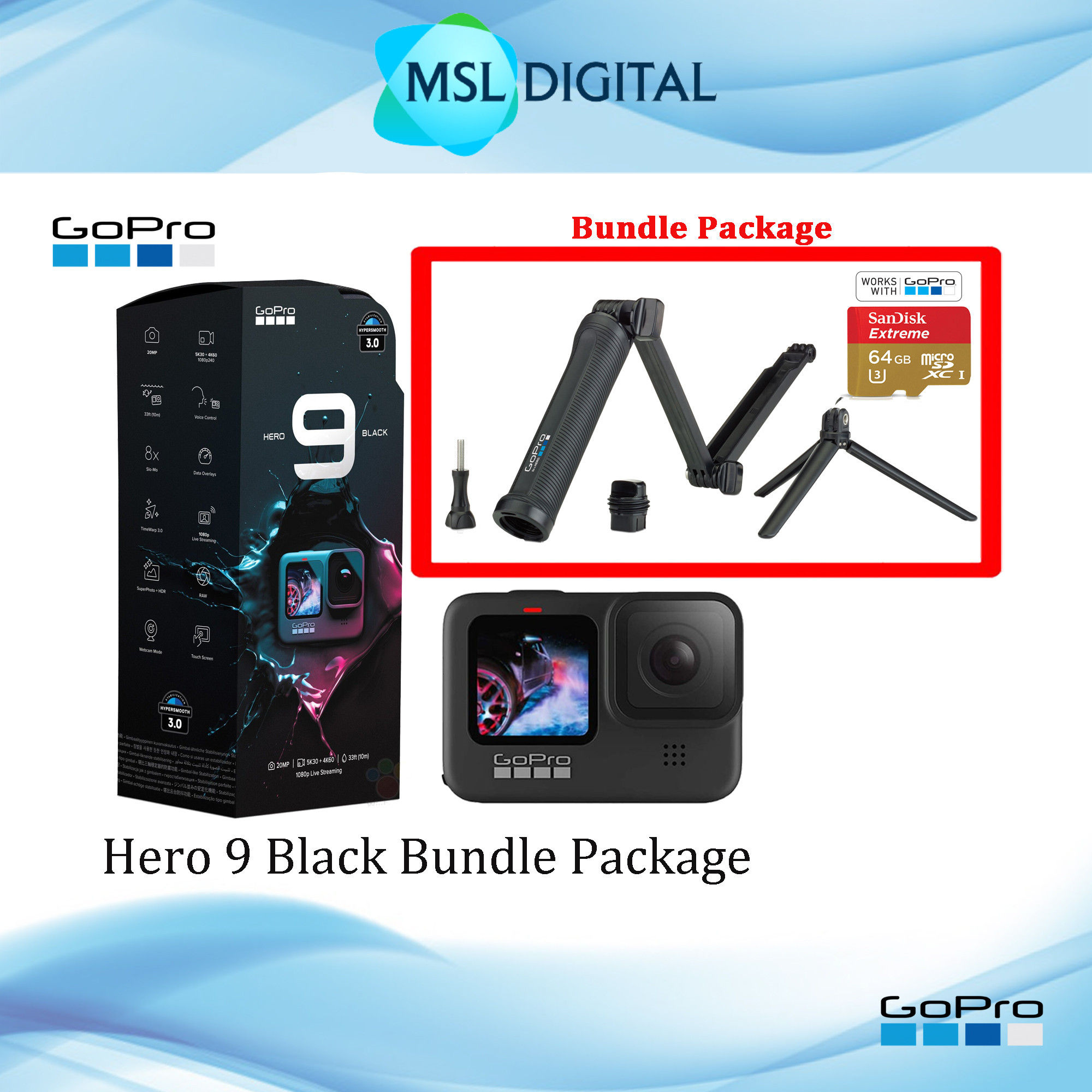 NEW GOPRO HERO9 / HERO 9 BLACK - WATERPROOF ACTION CAMERA WITH 3WAY ...