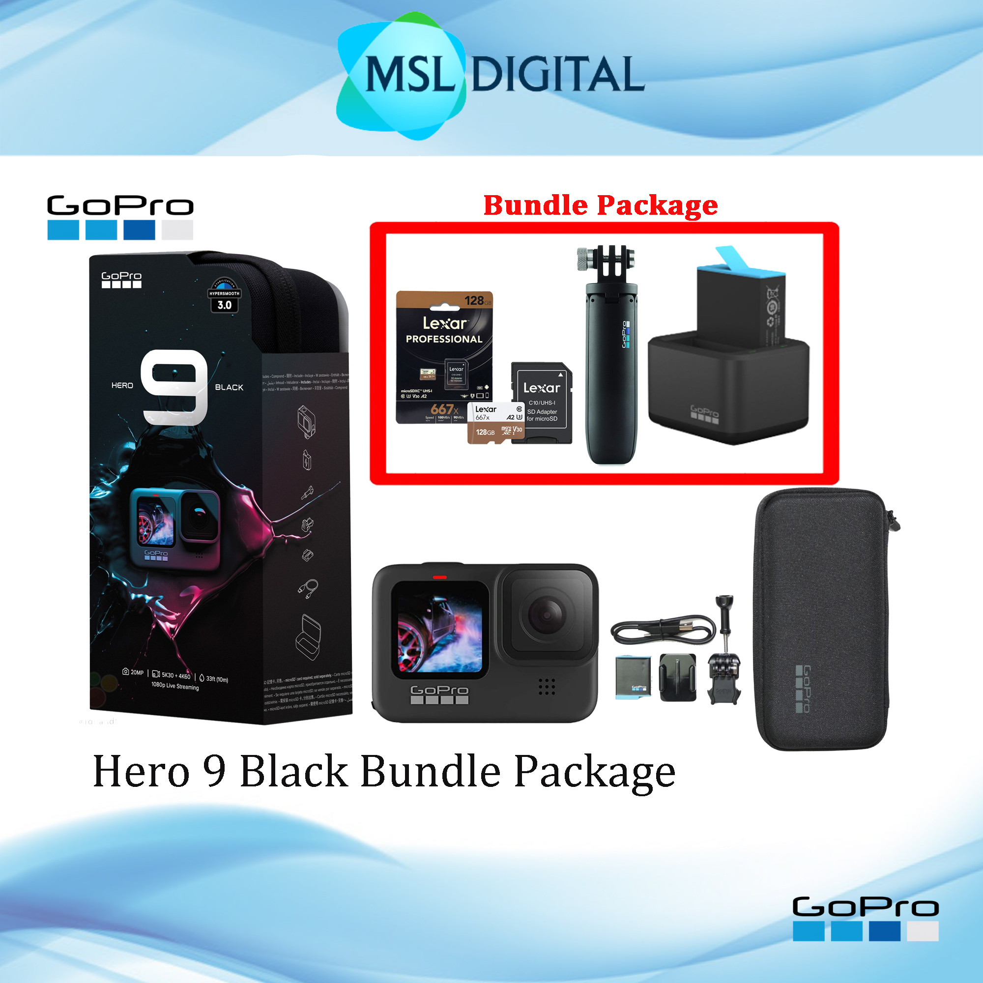 GOPRO HERO9 / HERO 9 BLACK WITH ADDBD-001 DUAL BATTERY CHARGER, SHORTY ...