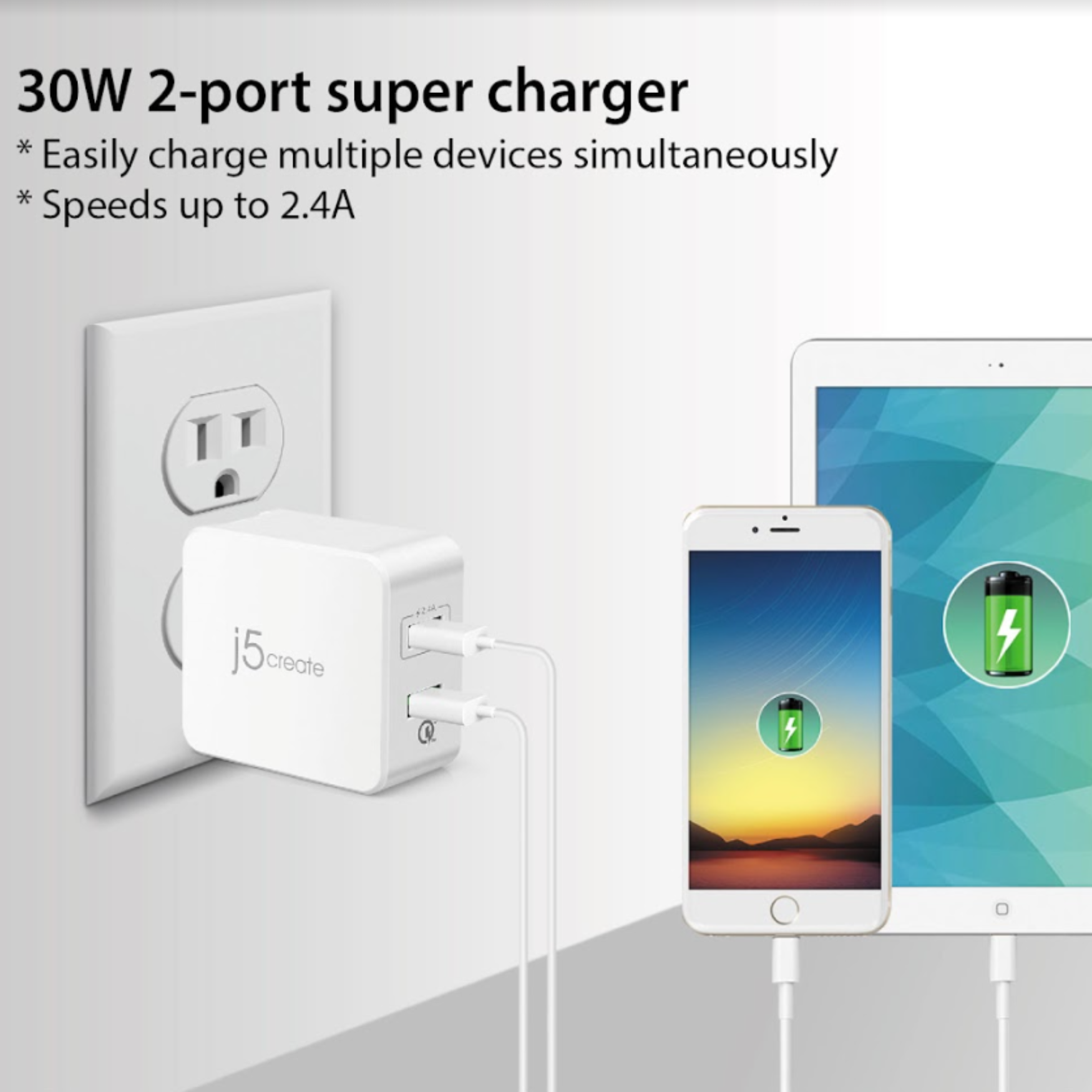 J5 create 30W QC 3.0 USB 2-Port Charger (QC3.0 + 2.4A fast charging ...