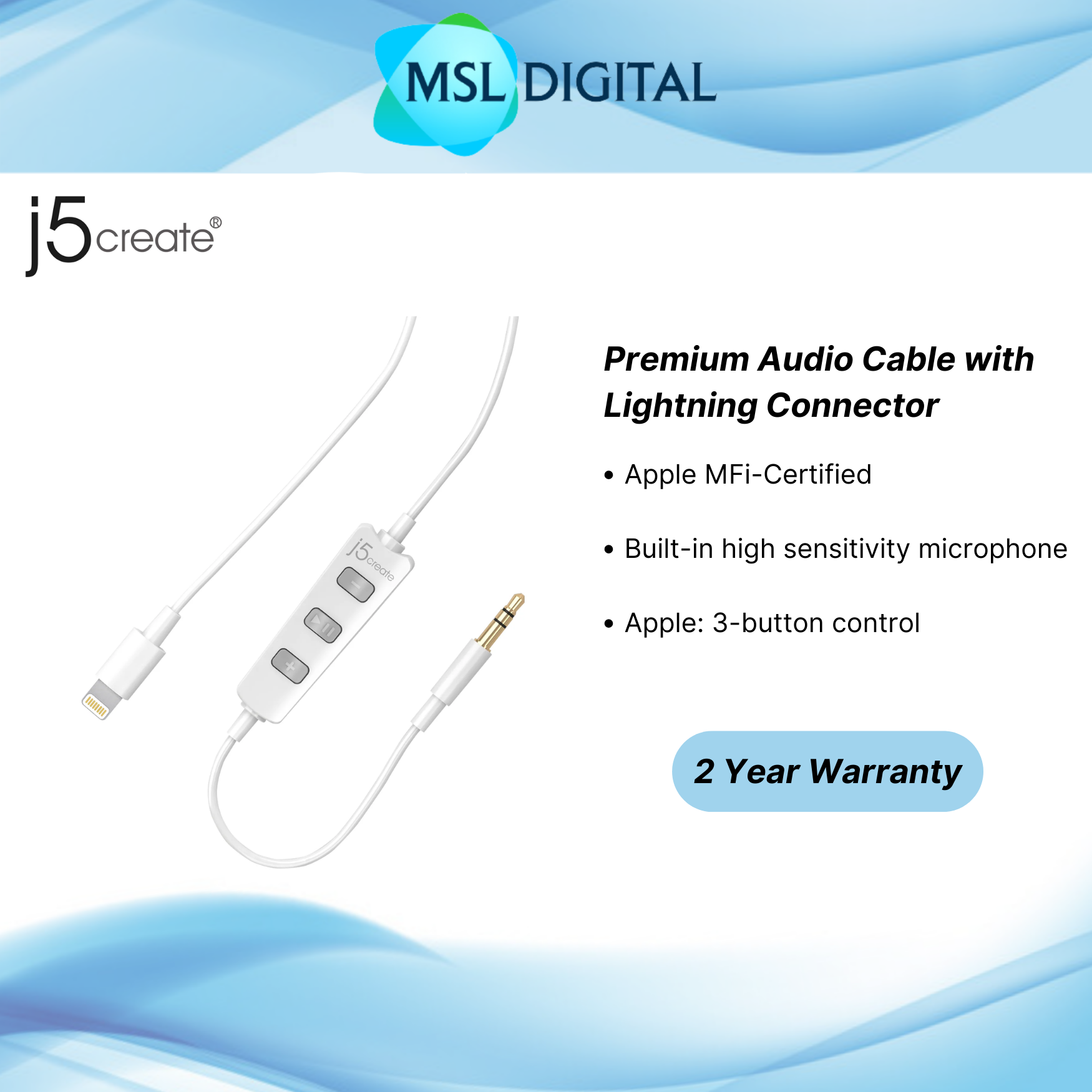J5create Premium Audio Cable with Lightning Connector - JLA163 - MSL ...