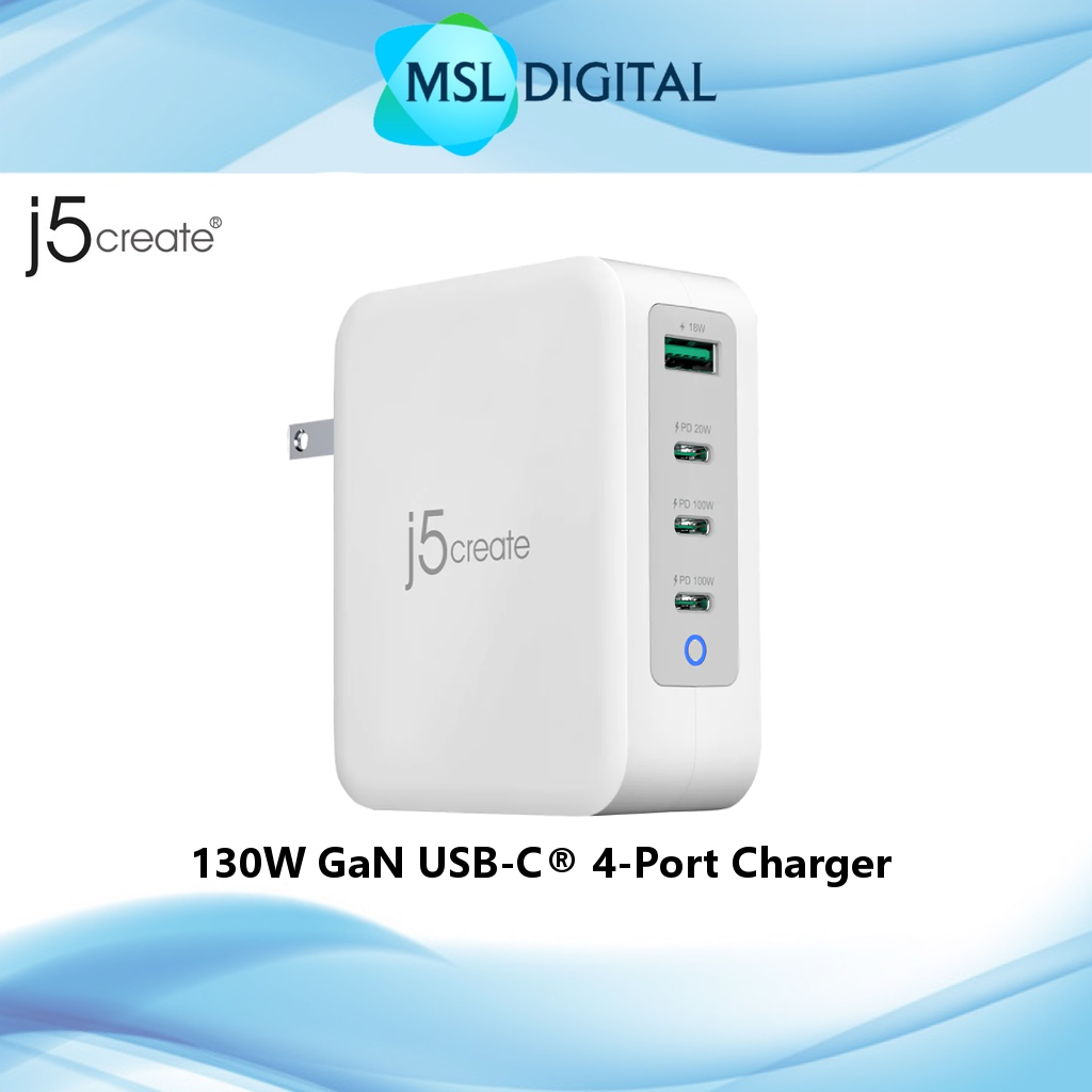 J5create JUP43130 (130W) GaN USB-C 4-Port Charger - JUP43130F - MSL Digital Online Store