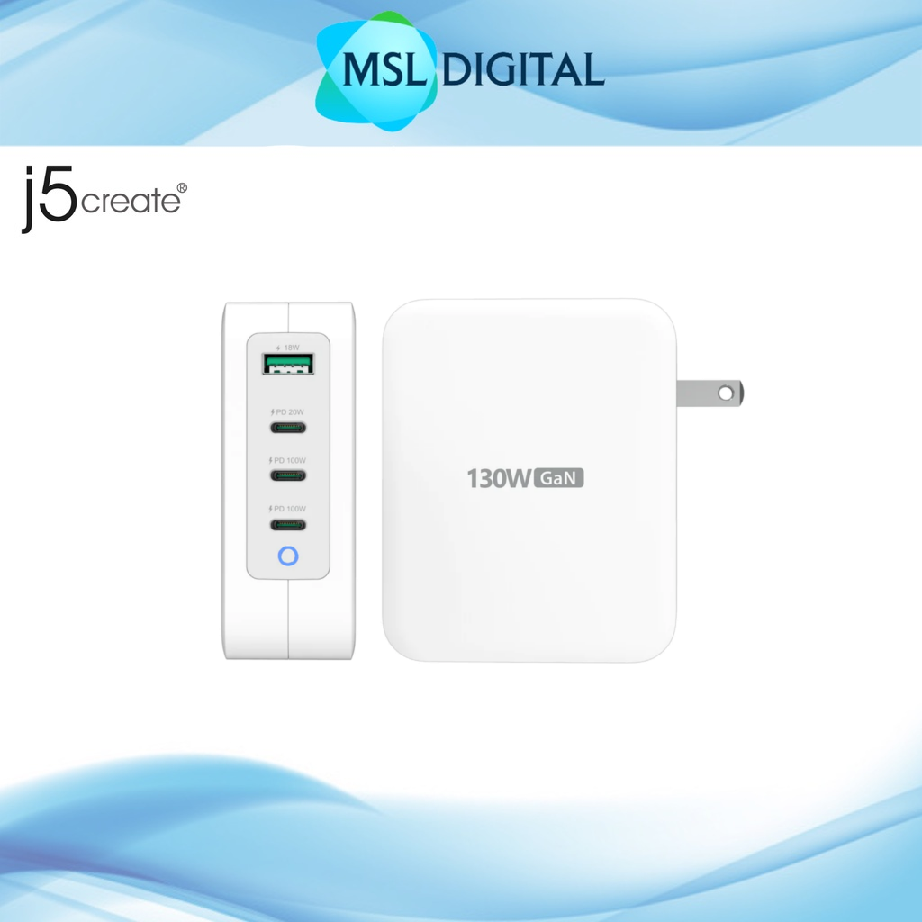 J5create JUP43130 (130W) GaN USB-C 4-Port Charger - JUP43130F - MSL Digital Online Store