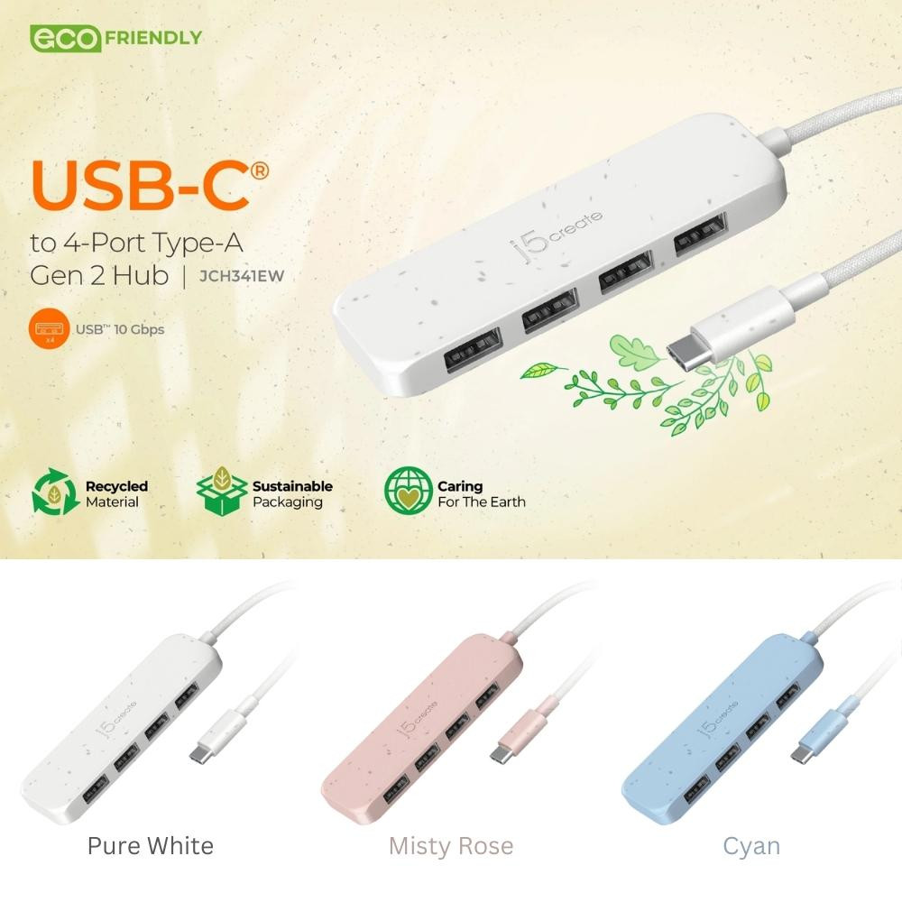 J5create JCH341E Eco-Friendly USB-C® to 4-Port Type-A Gen 2 Hub ...