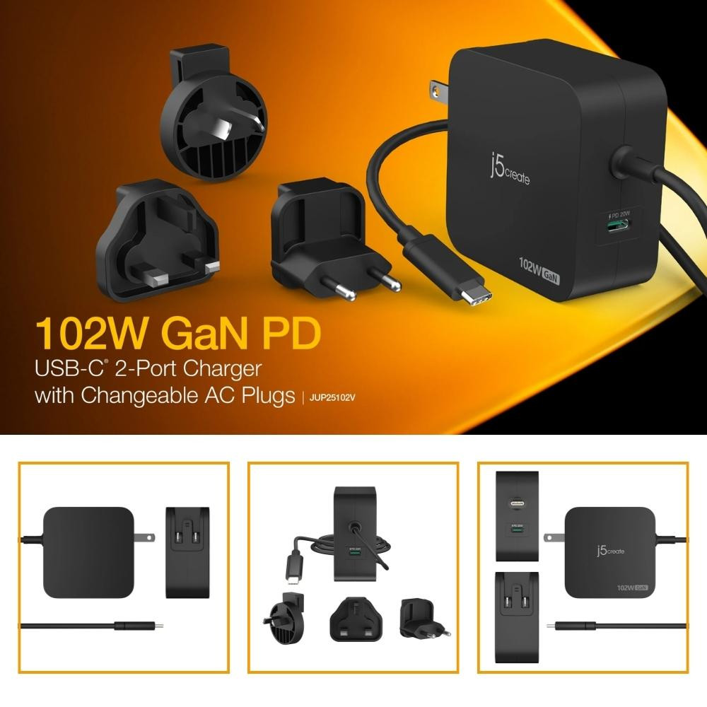 [PRE-ORDER 2 Weeks] J5create JUP25102V 102W GaN PD USB-C® 2-Port Charger with Changeable AC ...